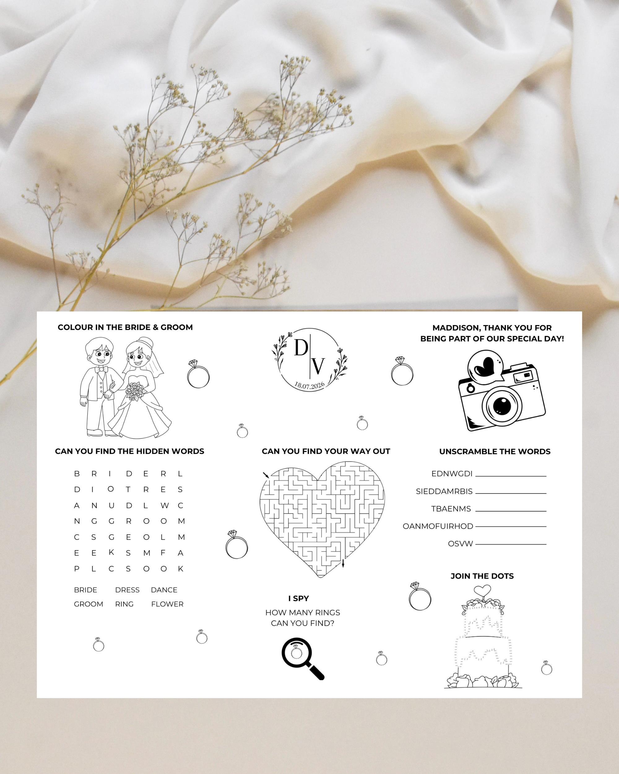 Printable Wedding Activity Sheet, Activity Sheet, Puzzles, Games ...