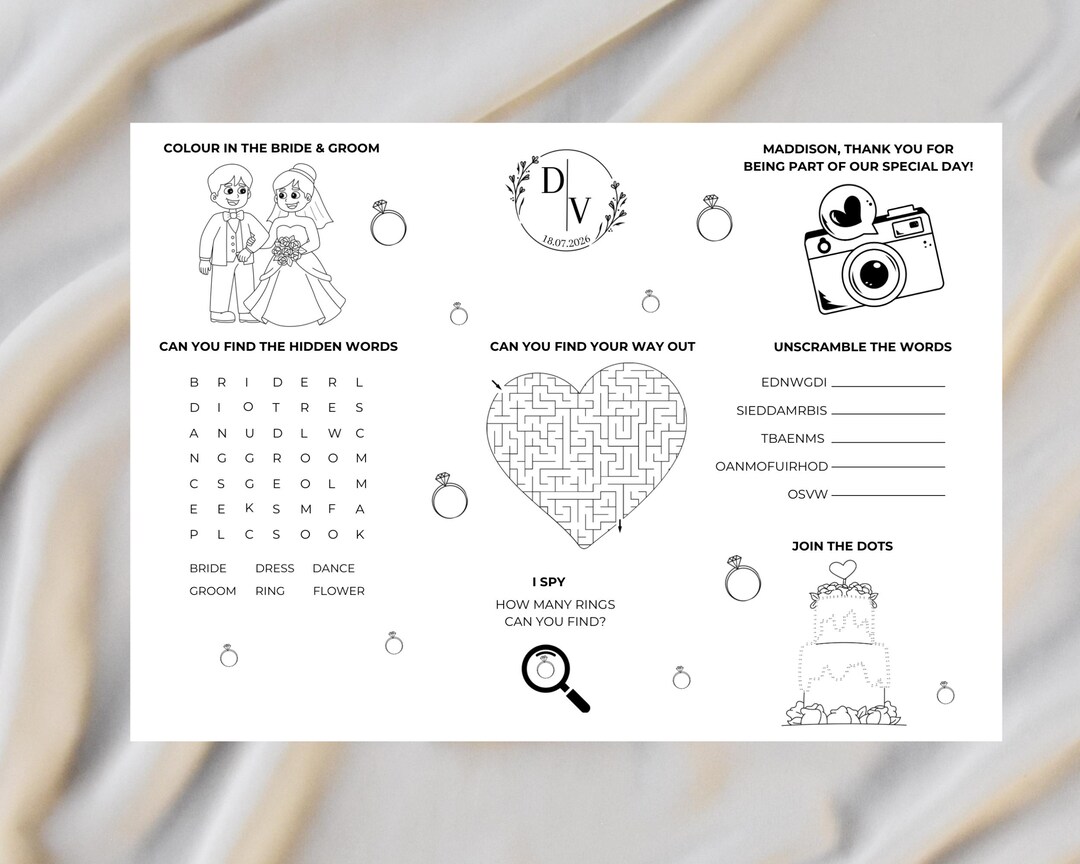 Printable Wedding Activity Sheet, Activity Sheet, Puzzles, Games ...