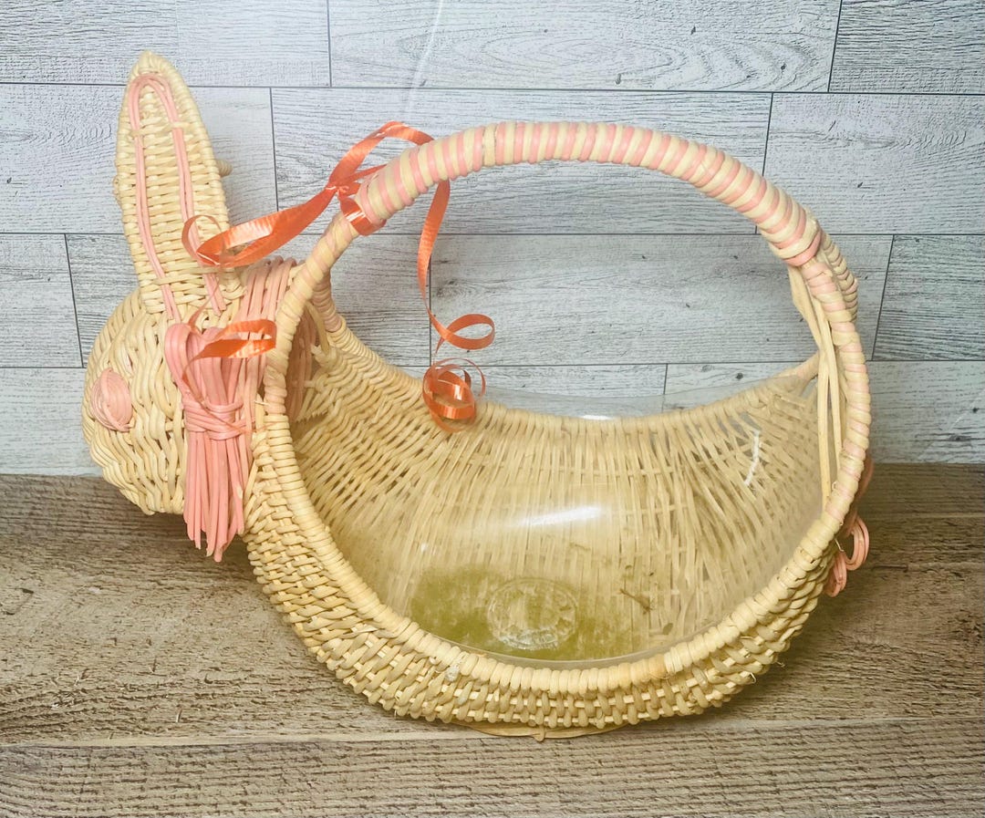 Vintage Bunny Rabbit Wicker Rattan Basket Easter Spring Home Decor With ...