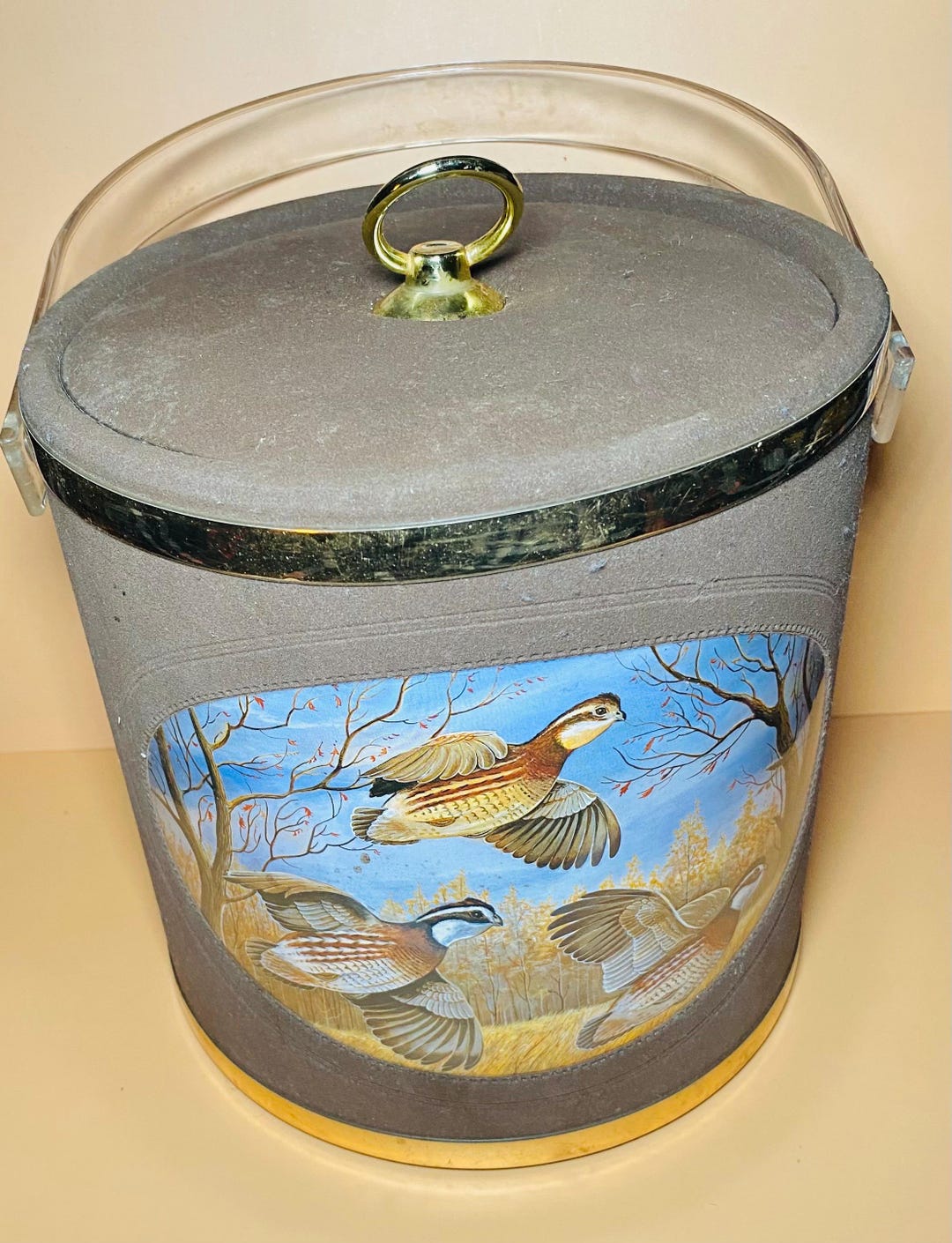 Vintage Mallard Ice Bucket Ducks Mens Bar Tan Faux Suede Lucite Handle ...