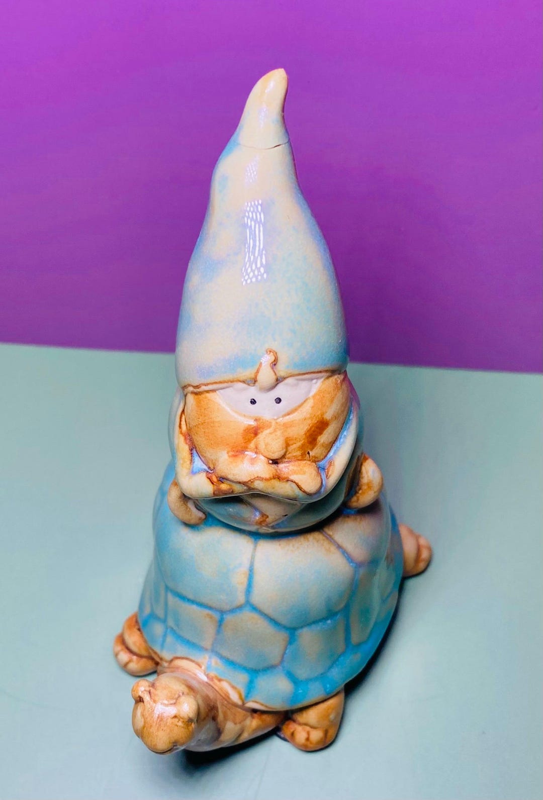 Vintage Gnome Sitting on Turtle Glazed Studio Art Pottery Figurine Hand ...