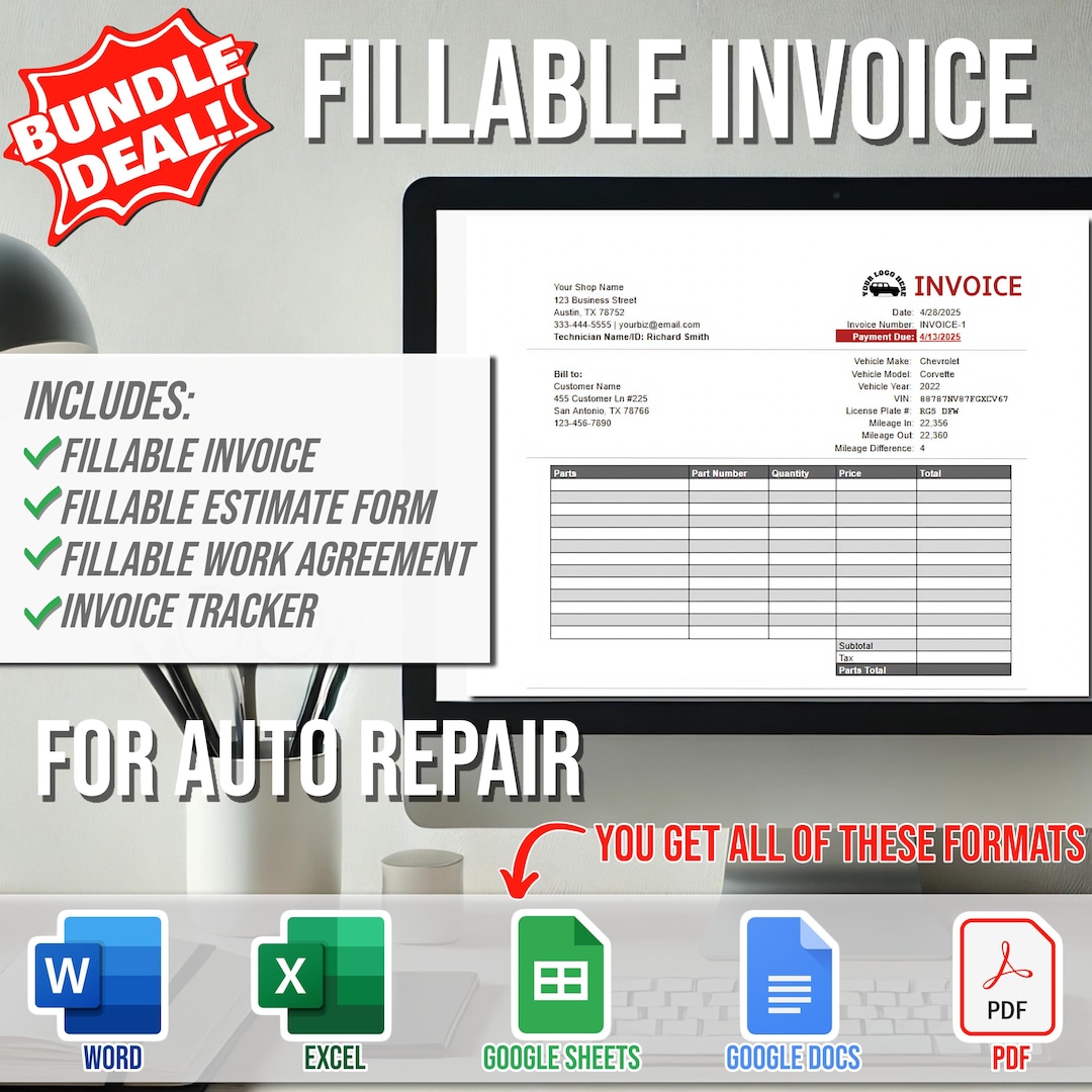 Invoice for Auto Repair Shop Template, Automotive Repair Invoice, Auto ...