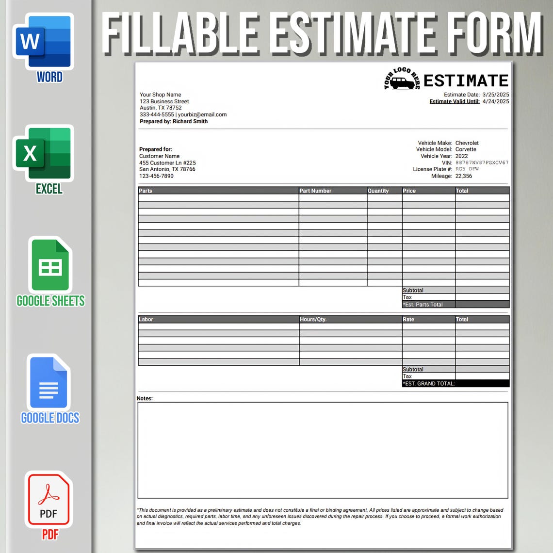 Body Shop Repair Estimate Template, Auto Repair Estimate Template ...