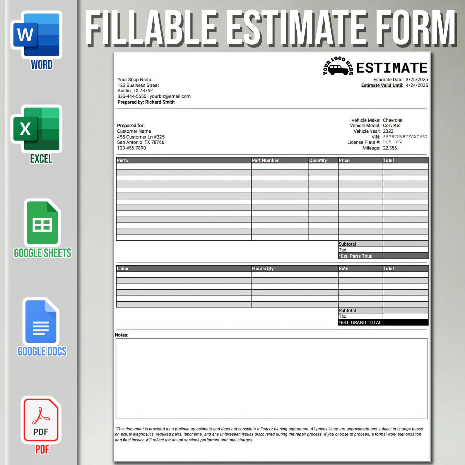 Body Shop Repair Estimate Template, Auto Repair Estimate Template, Automotive Repair Estimate ...