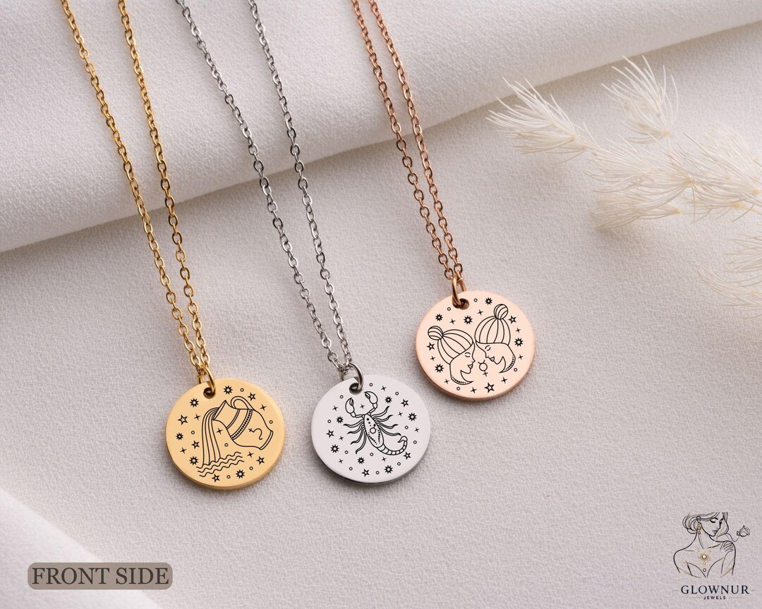 Engraved Zodiac Sign Necklace, Stainless Steel Astrology Pendant - Etsy