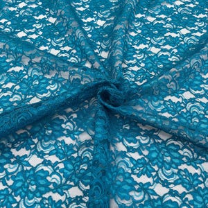 Teal Blue Floral Corded Lace Fabric: Cotton Nylon Mesh, Scalloped Edge ...