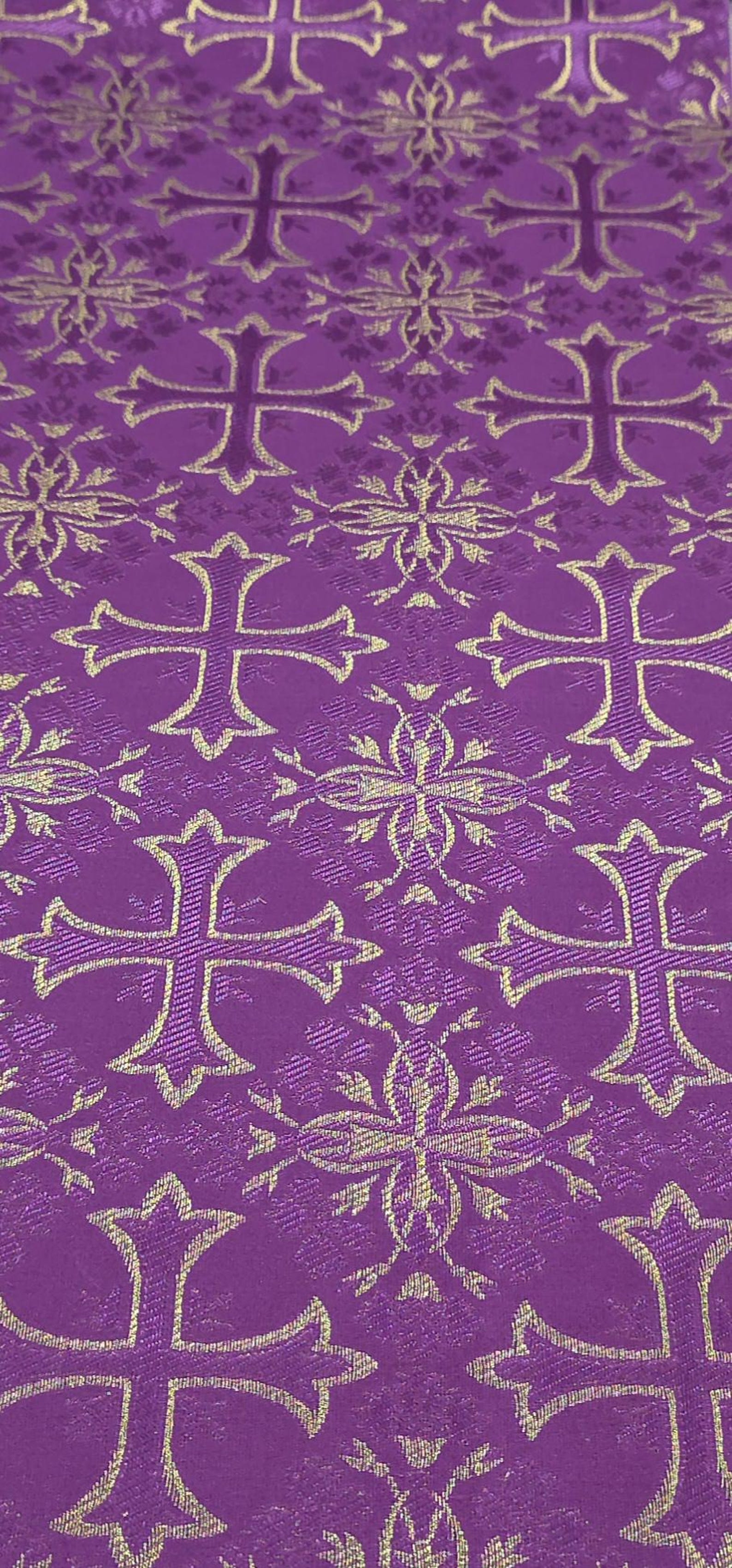 Purple & Gold Liturgical Brocade Fabric: Metallic Cross Jacquard ...