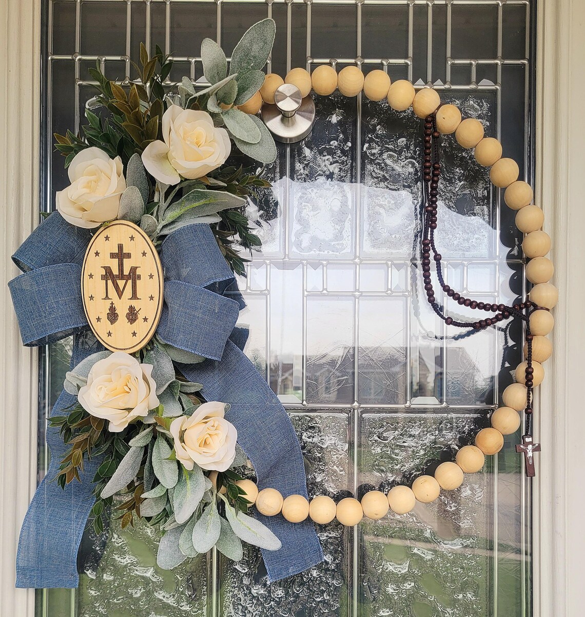 Wood Bead Wreath Marian Wreath Catholic Wreath Catholic Home Decor ...
