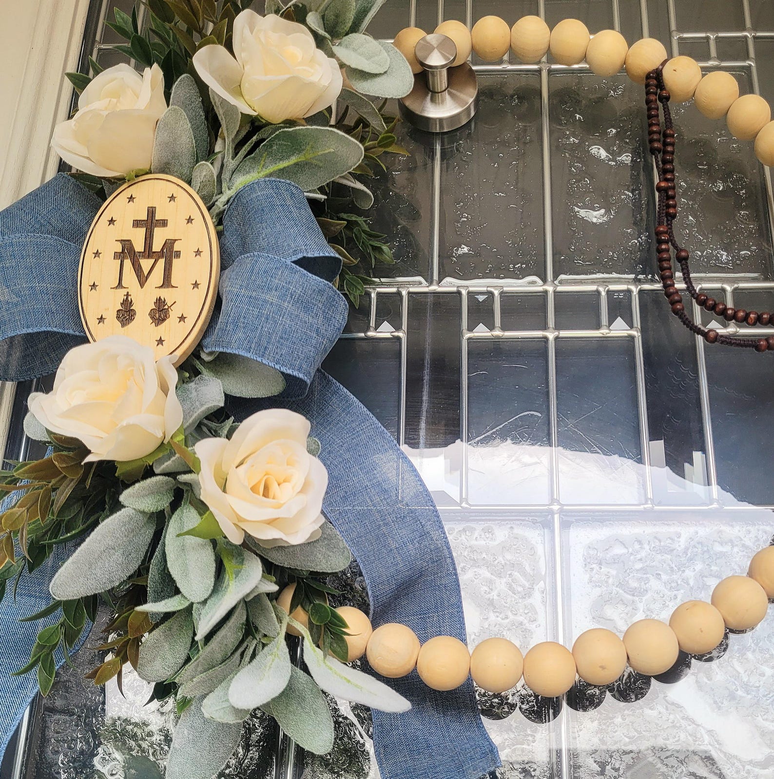 Wood Bead Wreath Marian Wreath Catholic Wreath Catholic Home Decor ...