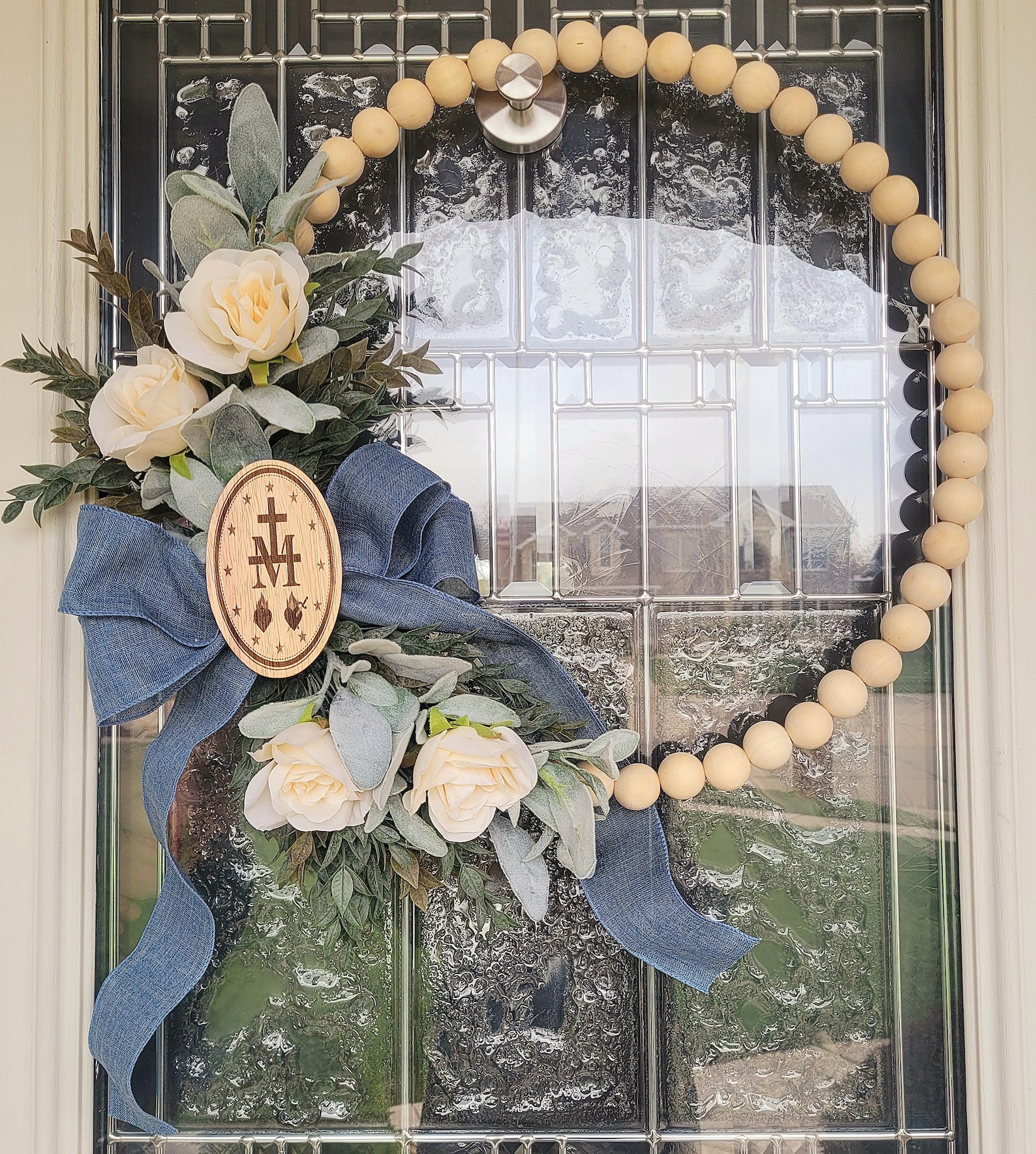 Wood Bead Wreath Marian Wreath Catholic Wreath Catholic Home Decor ...