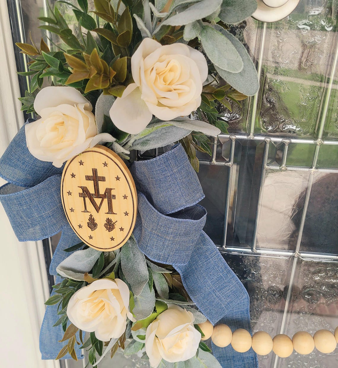 Wood Bead Wreath Marian Wreath Catholic Wreath Catholic Home Decor ...