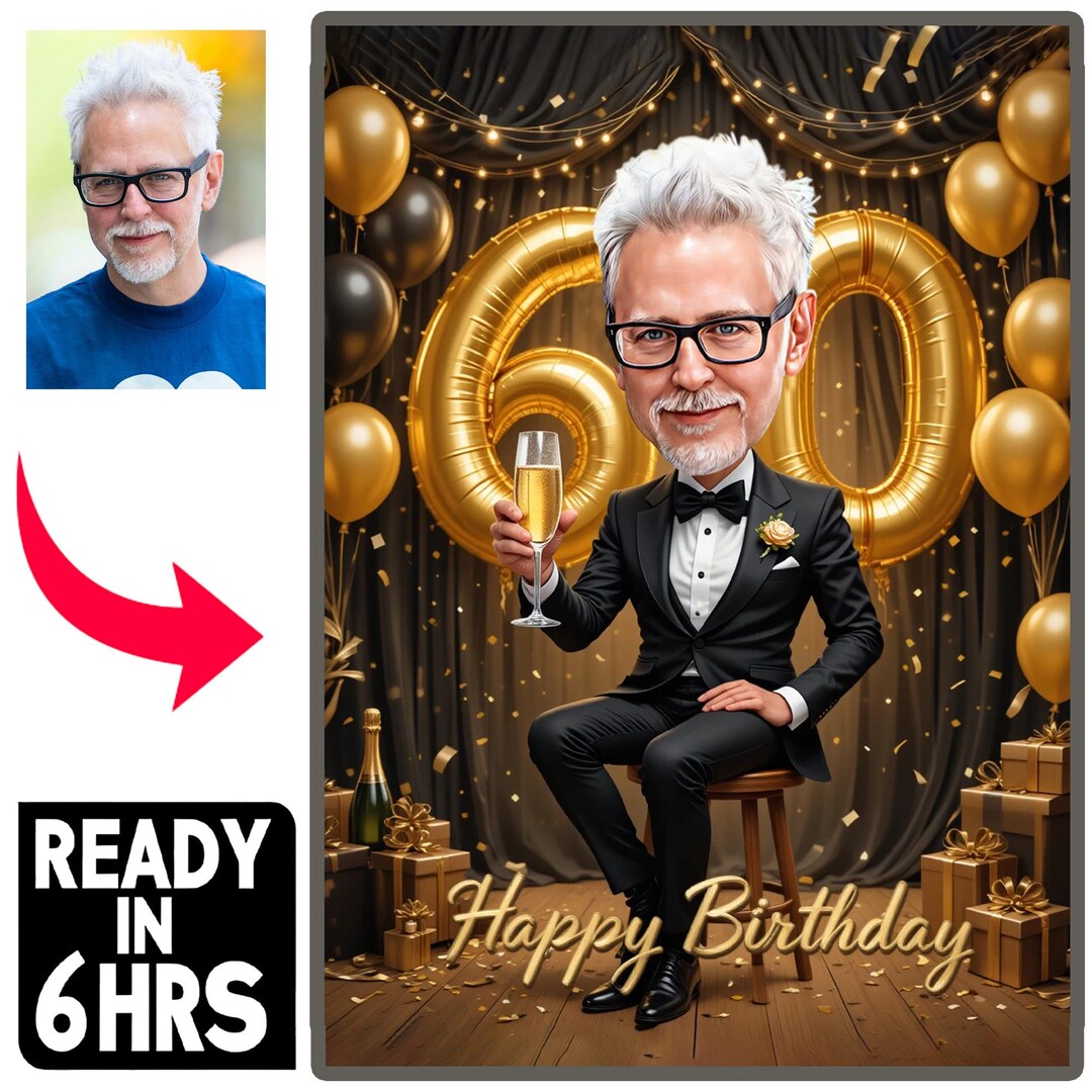 Personalized 60th Cartoon Portrait, Custom Happy Birthday Caricature ...
