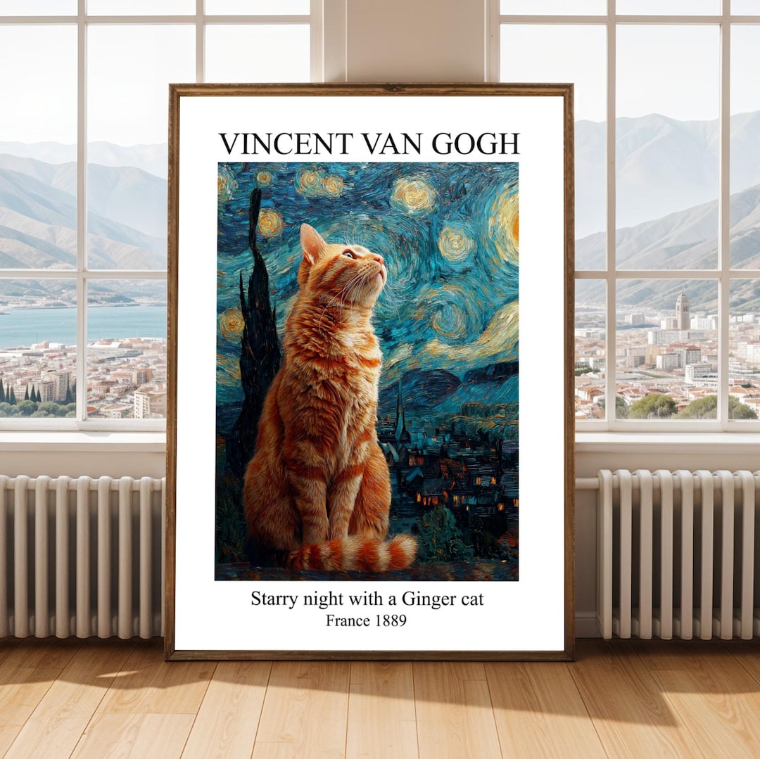 Ginger Cat Starry Night Art Print , Van Gogh Style , Cat Home Decor - Etsy
