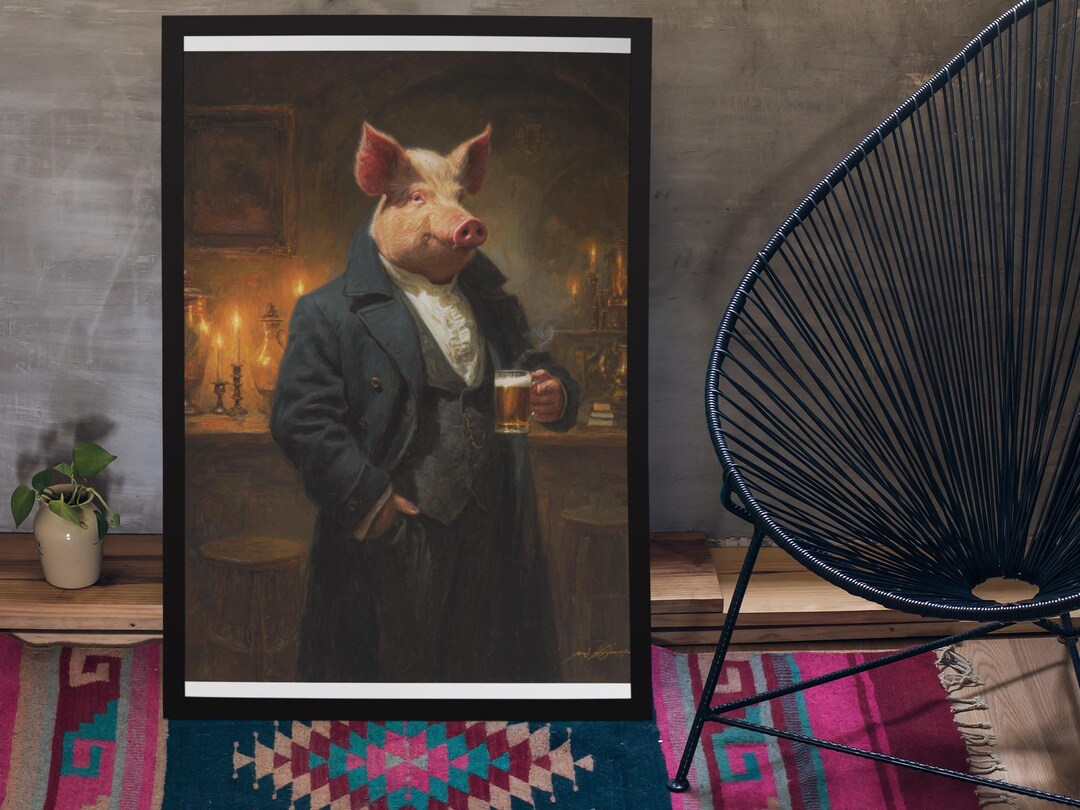 Pig Drinking Beer Wall Art Print // Vintage Painting Style Portrait of ...