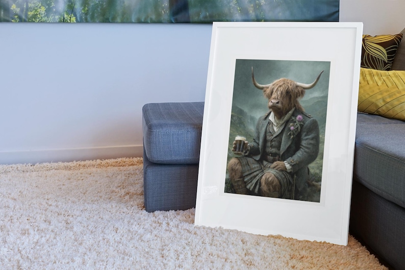 Highland Cow Drinking Beer Wall Art Print // Vintage Painting Style ...