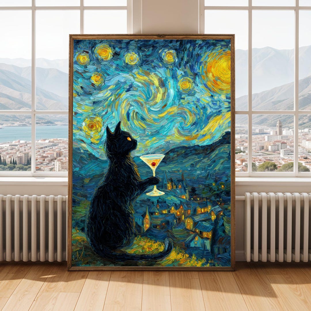 Black Cat Drinking Martini- Starry Night Style Cat Art Print – Van Gogh ...