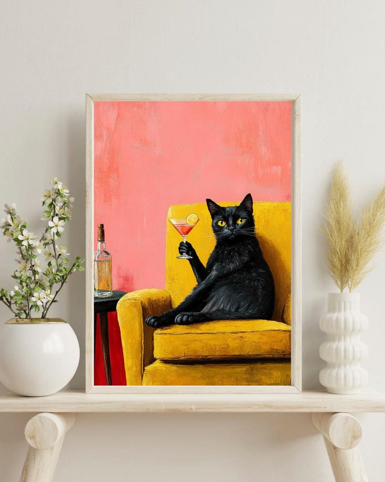 Whimsical Black Cat Martini Print: Quirky Cocktail Bar Wall Art - Etsy UK