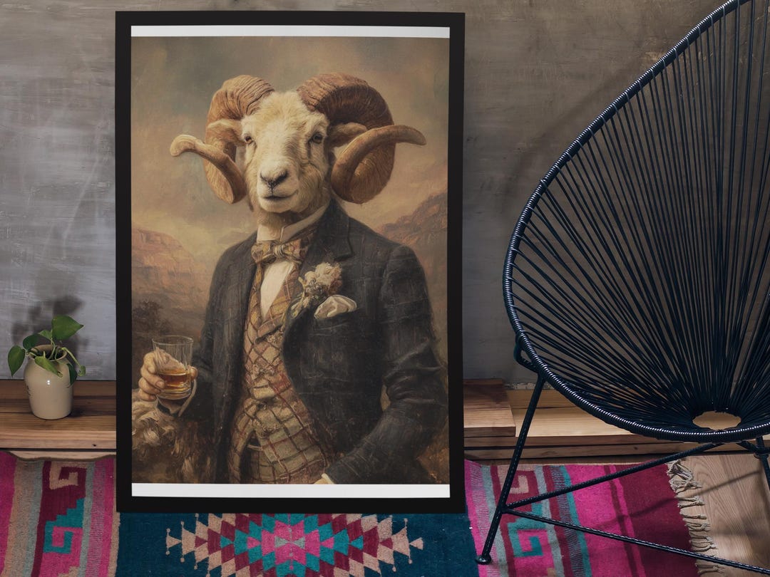 Ram Drinking Whisky Art Print: Victorian Animal Portrait, Home Bar ...