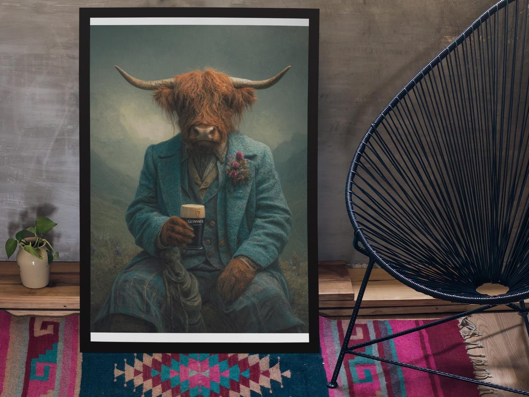 Highland Cow Drinking Guinness Wall Art Print / Vintage Painting Style ...