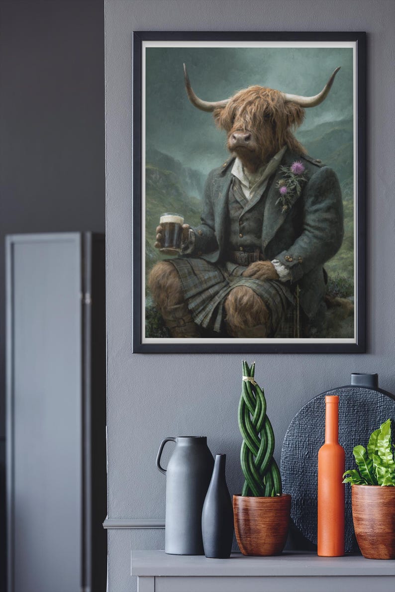 Highland Cow Drinking Beer Wall Art Print // Vintage Painting Style ...