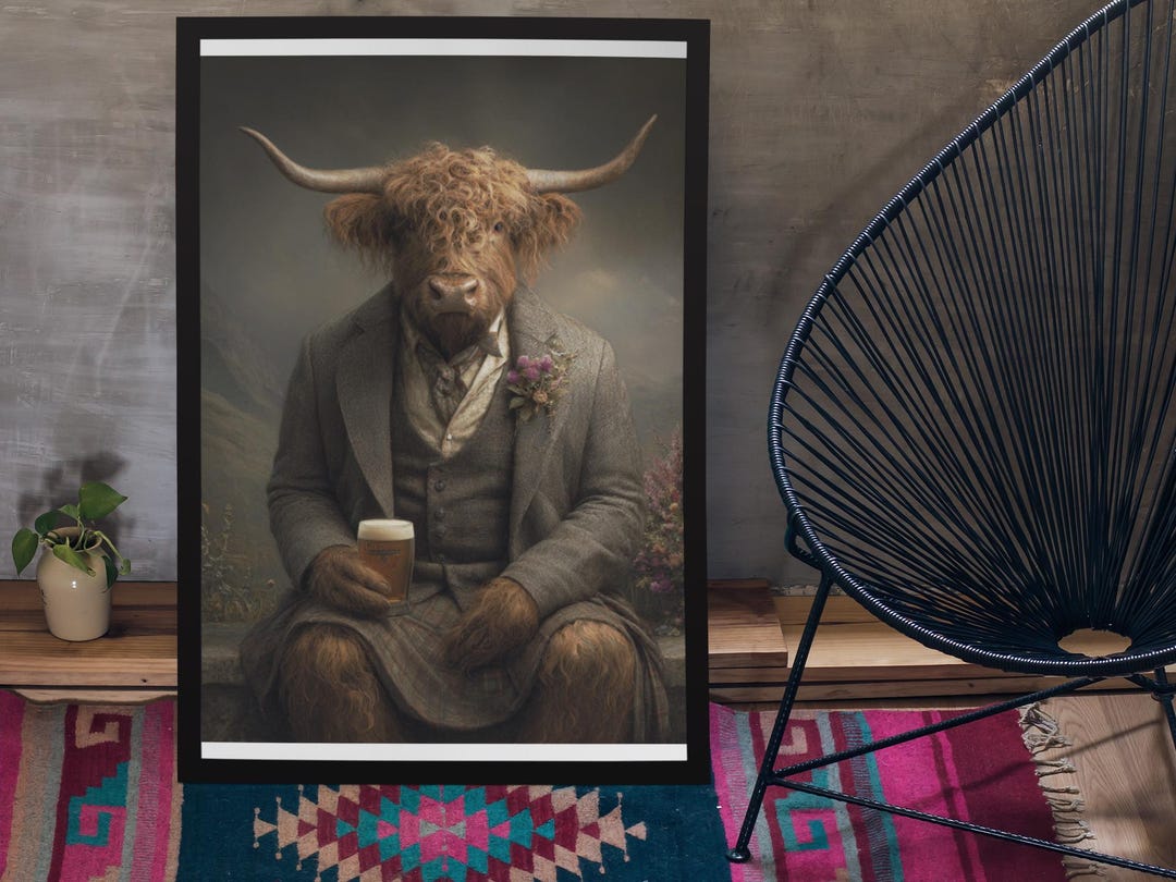 Highland Cow Drinking Beer Wall Art Print // Vintage Painting Style ...