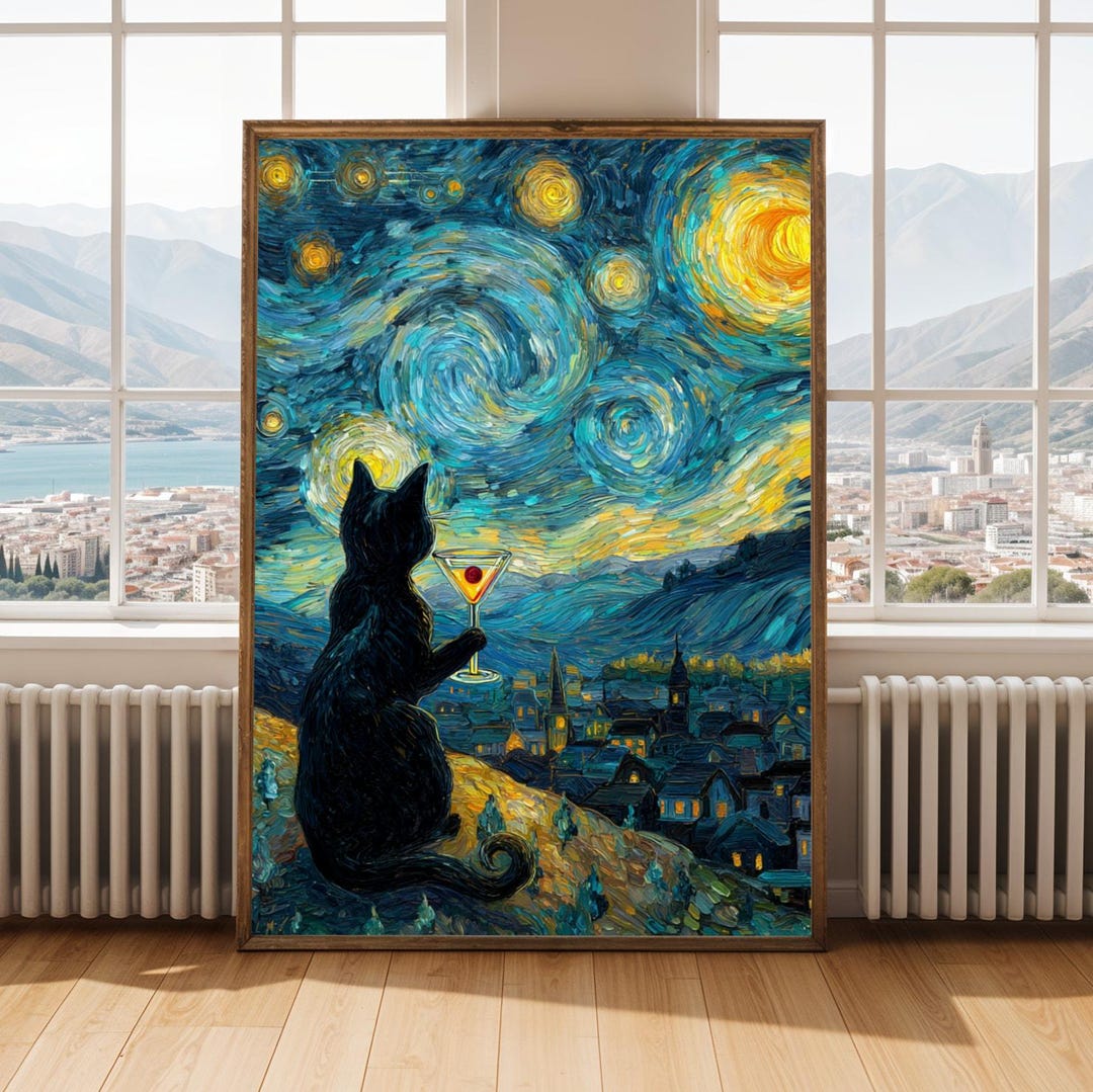 Black Cat Drinking Martini - Starry Night Style Art Print - Van Gogh ...