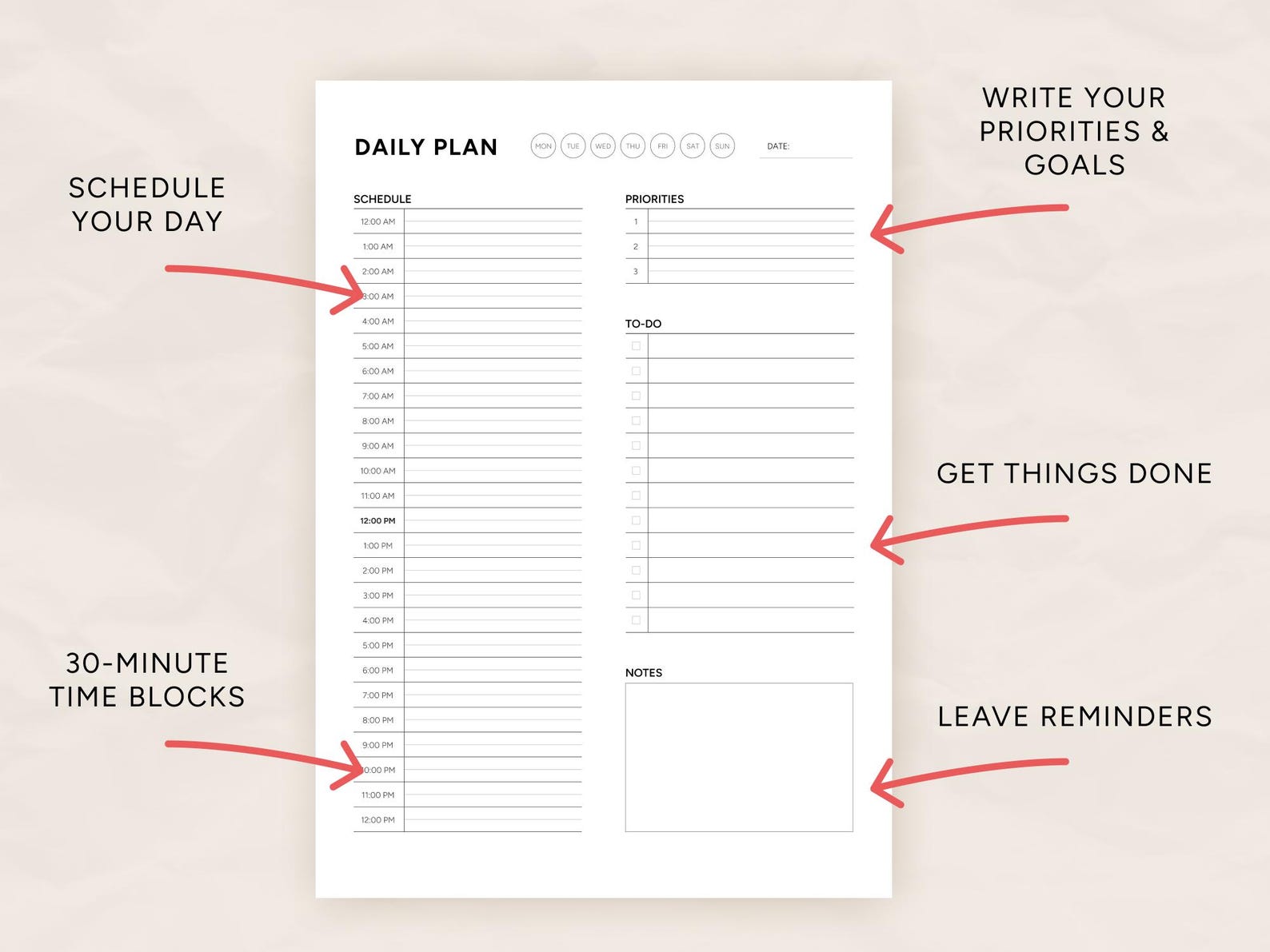24-hour Daily Planner Printable | Work From Home Productivity Planner ...