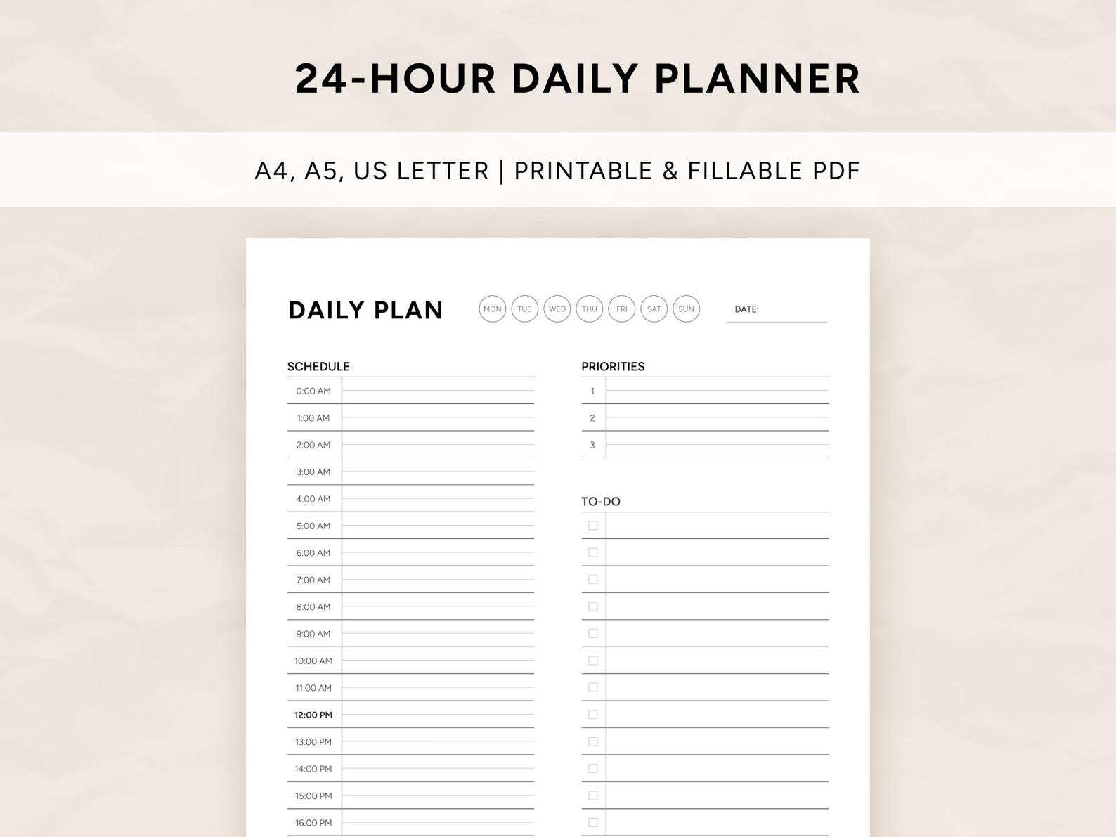 24-hour Daily Planner Printable | Work From Home Productivity Planner ...