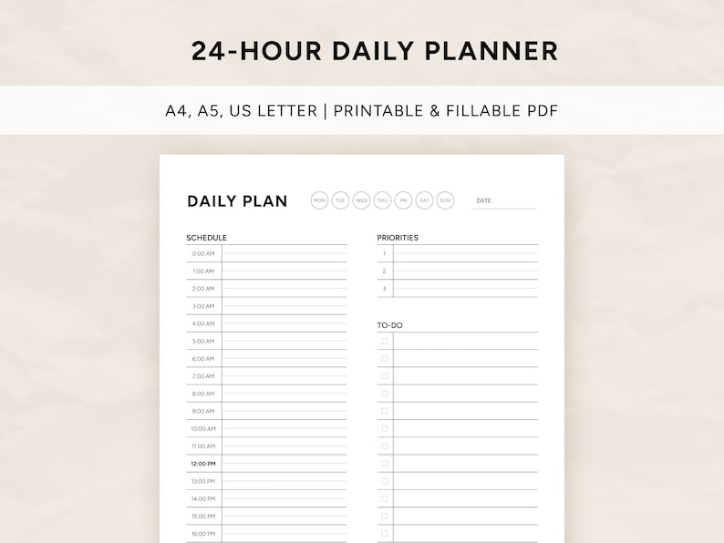 24-hour Daily Planner Printable | Work From Home Productivity Planner ...