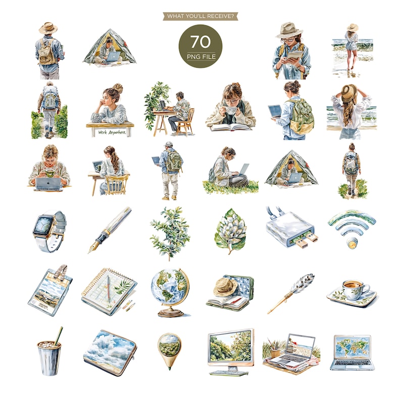 Digital Nomad Watercolor Clipart Bundle Laptop Coffee Travel Journal ...