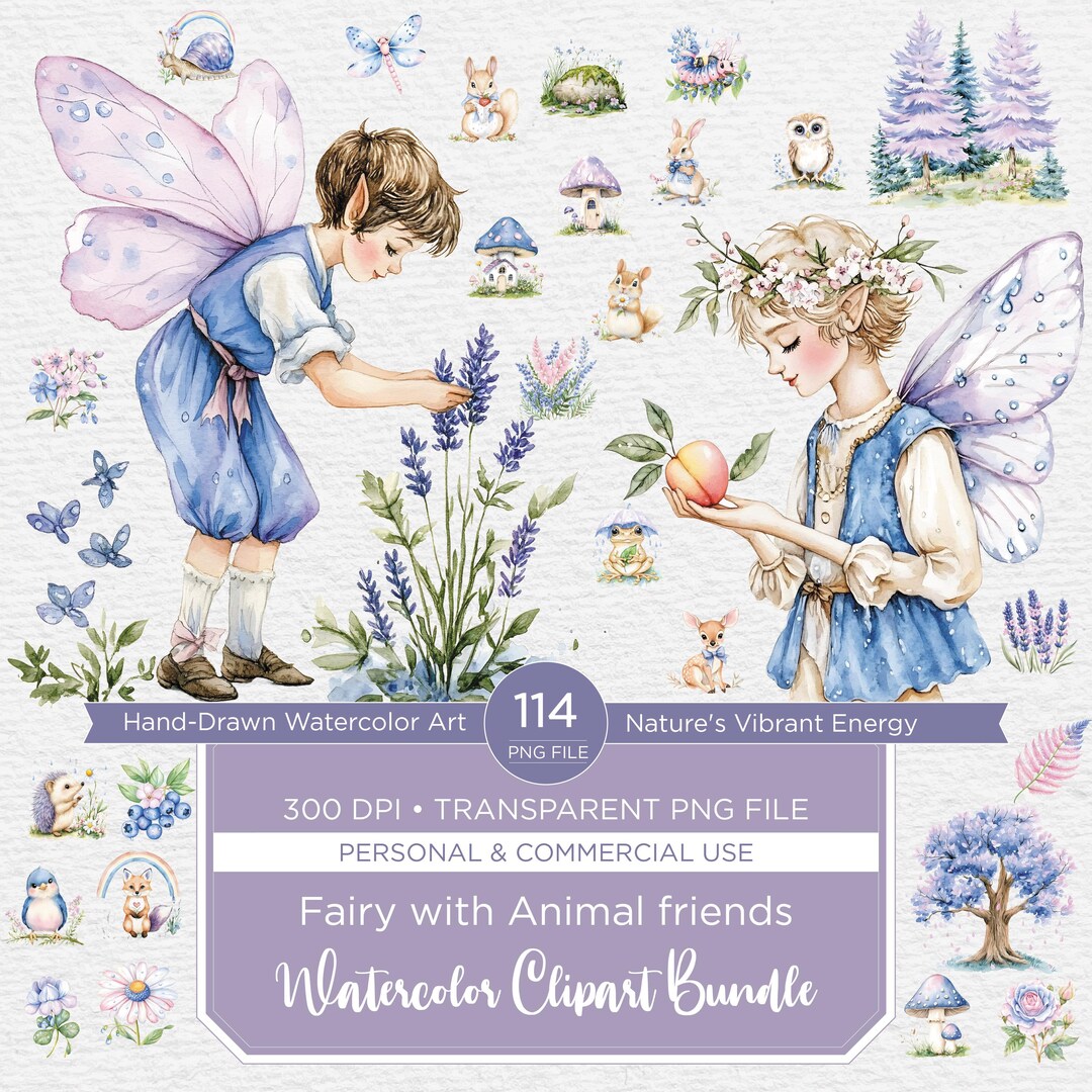Watercolor Purple Fairy Clipart Bundle Vintage Animal Scrapbooking ...