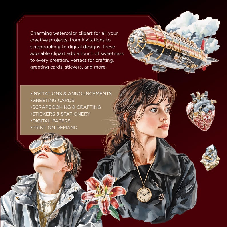 Dark Steampunk Watercolor Clipart Bundle 300 DPI PNG Scrapbooking ...
