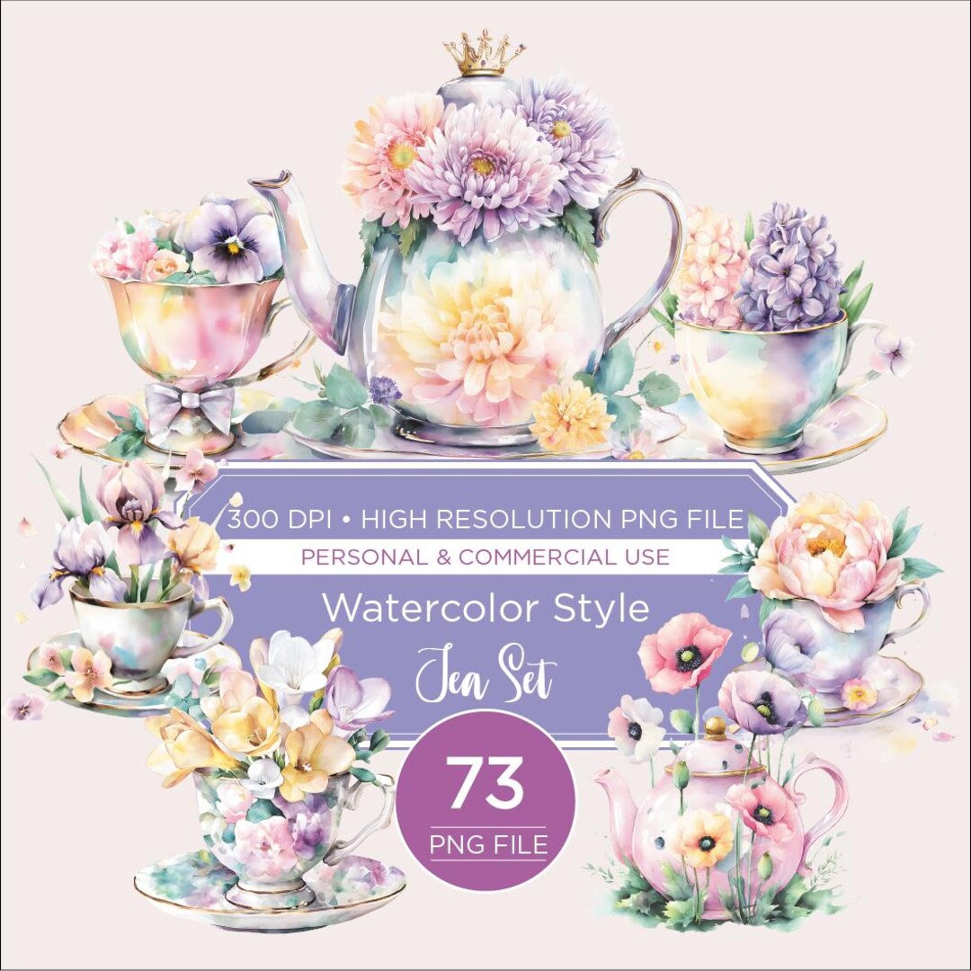Watercolor Flower Teacup Clipart Kawaii Tea Party Graphic Wall Art ...