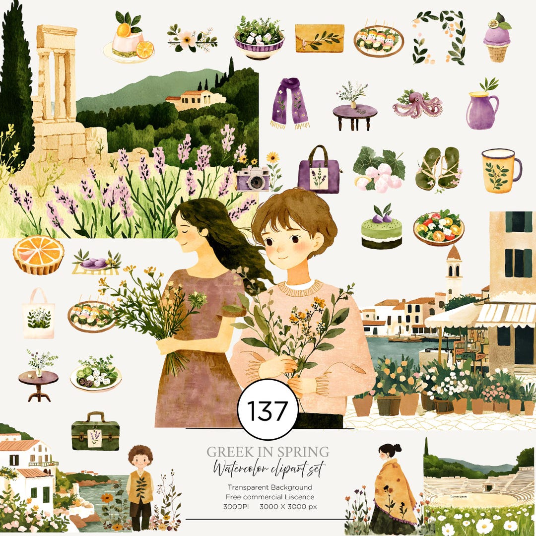 Watercolor Greek Travel Clipart Bundle (137 PNG Images) Commercial Use ...