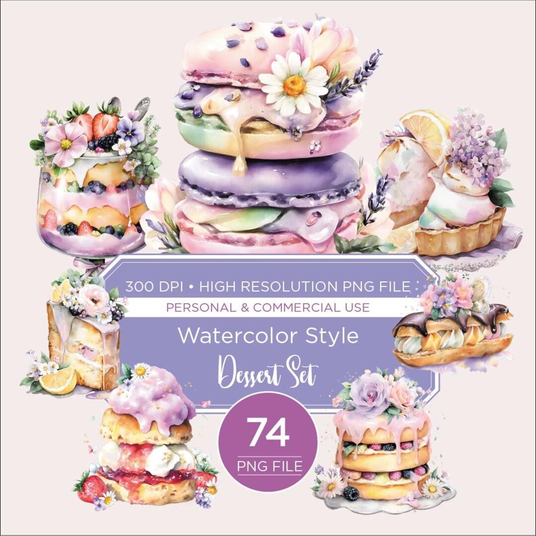 Watercolor Dessert Clipart Set Kawaii Macaron Cake Art Print Monthly ...