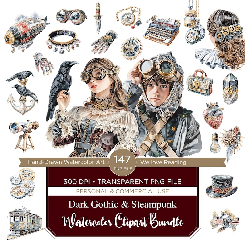 Dark Steampunk Watercolor Clipart Bundle 300 DPI PNG Scrapbooking ...