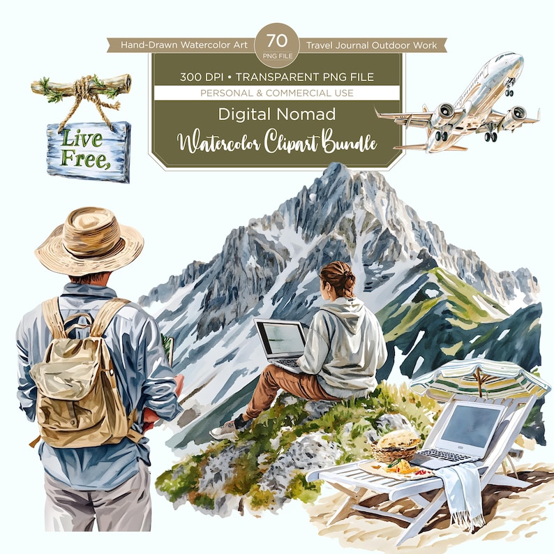 Digital Nomad Watercolor Clipart Bundle Laptop Coffee Travel Journal ...