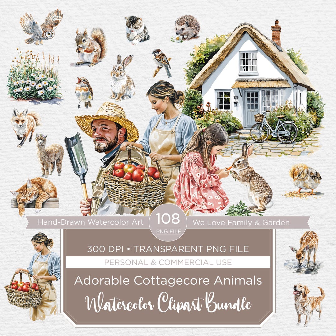 Cottagecore Animals Watercolor Clipart Bundle Scrapbooking Silhouette ...