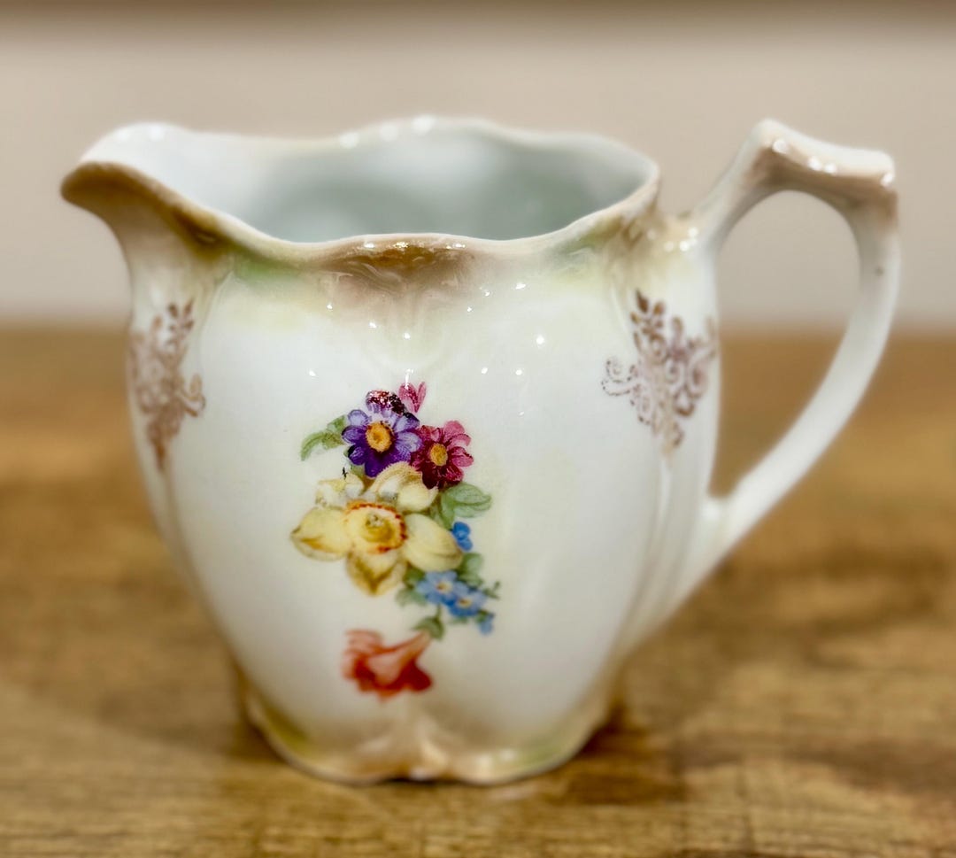Antique Hand Painted Wheelock Porcelain Creamer, With Floral Design and ...