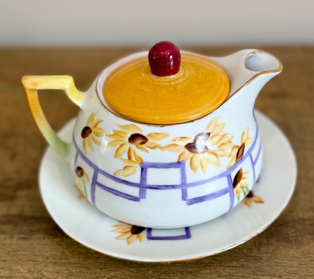 Vintage P.T. Porcelain Teapot and Saucer. Hand Painted Floral and ...