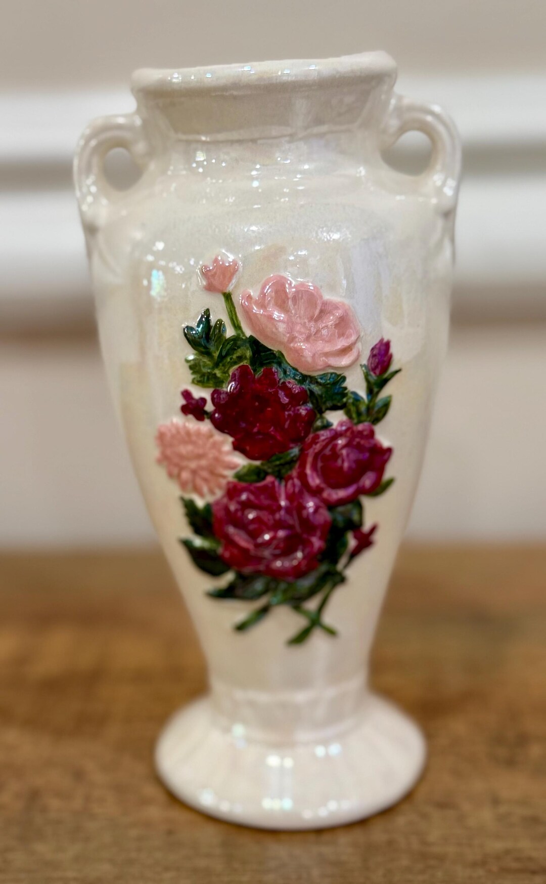 Vintage Ceramic Vase With Dual Handles. Embossed Floral Design With ...