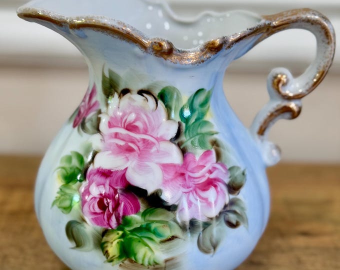 Vintage Hand Painted Porcelain Pitcher. Light Blue With Pink Floral and ...