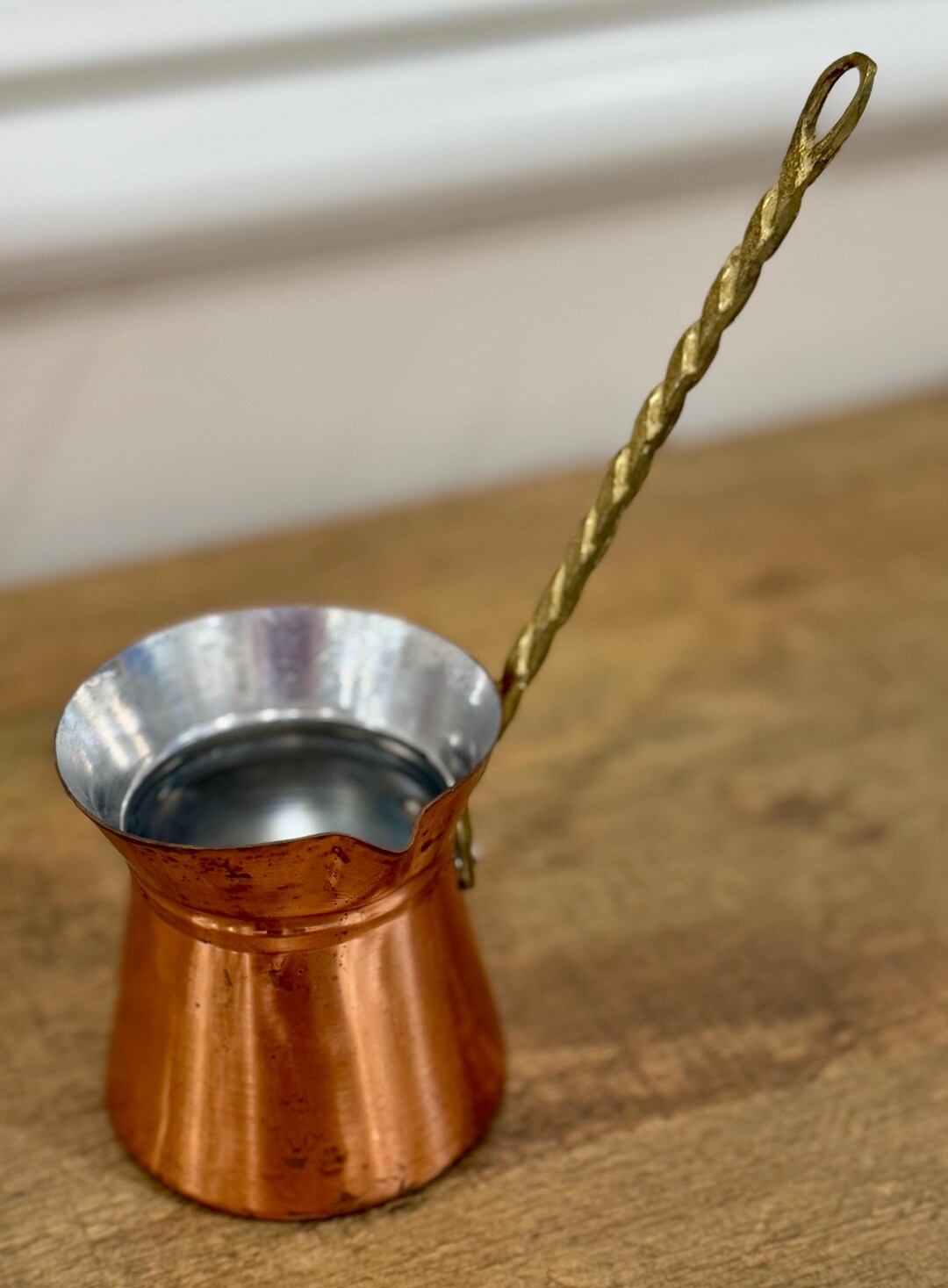 Vintage Copper Turkish Coffee Pot, or Cezve, With Twisted Brass Handle ...