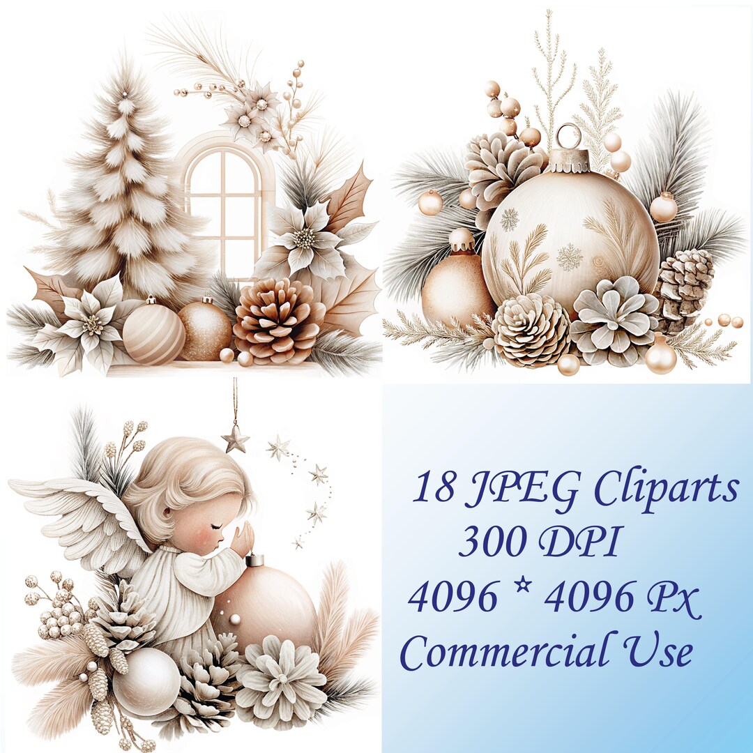 18 JPEG Watercolor Beige Boho Christmas Decorations Cliparts - Neutral ...