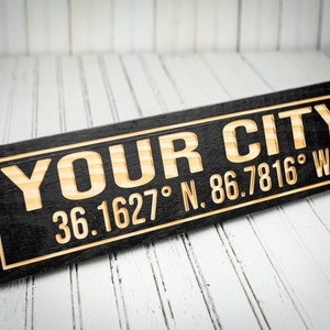 Personalized City Name Sign- Custom- Solid Wood Carved- Latitude ...