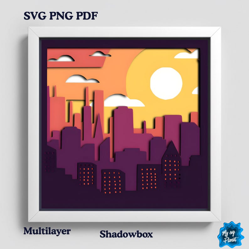 City Skyline 3D Shadow Box SVG ، Sunset City Layered Paper Cut Light ...