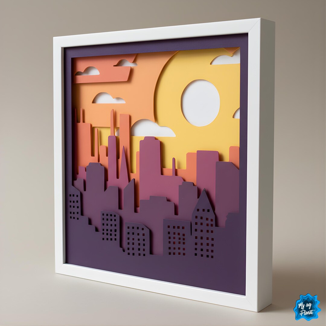 City Skyline 3D Shadow Box SVG ، Sunset City Layered Paper Cut Light ...