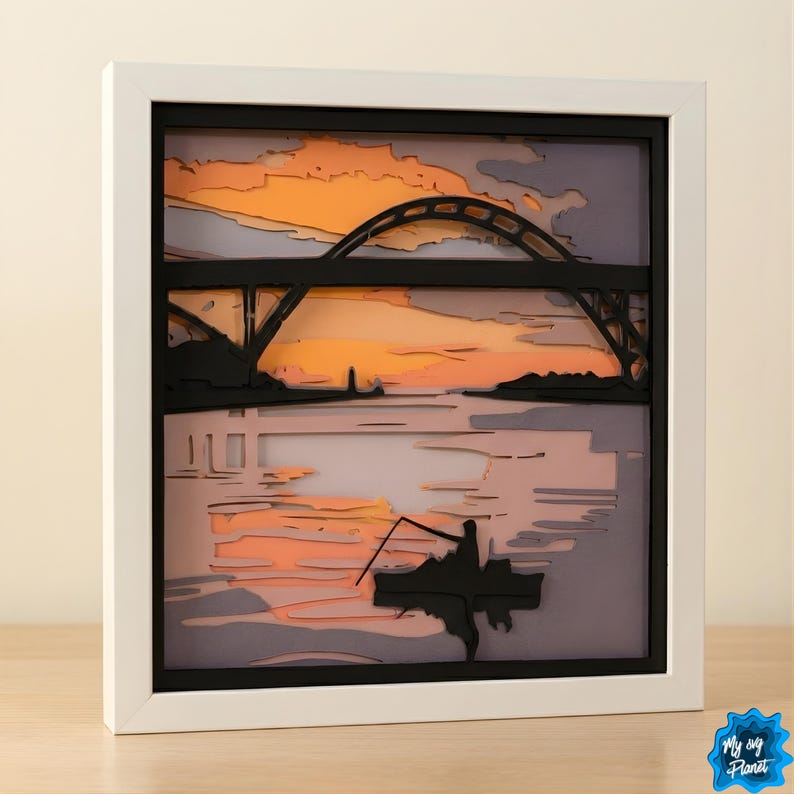 Fishing Shadow Box SVG, Fisherman Paper Cut Silhouette, Sunset Bridge ...