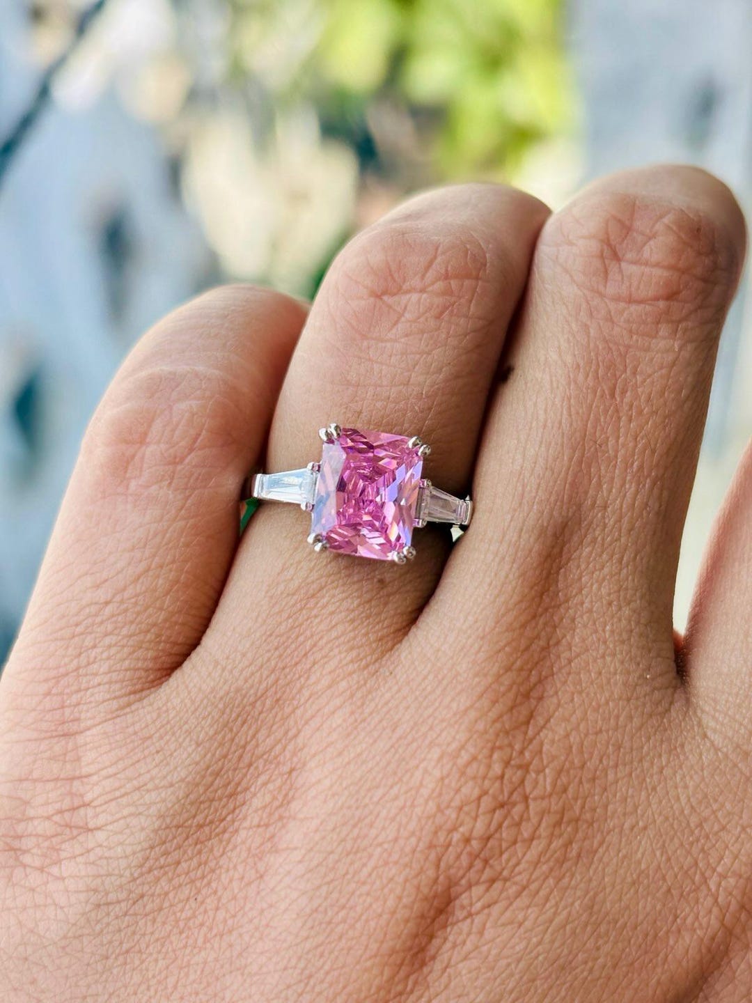 Pink Radiant Cut Moissanite Engagement Ring: Baguette Side Stones ...