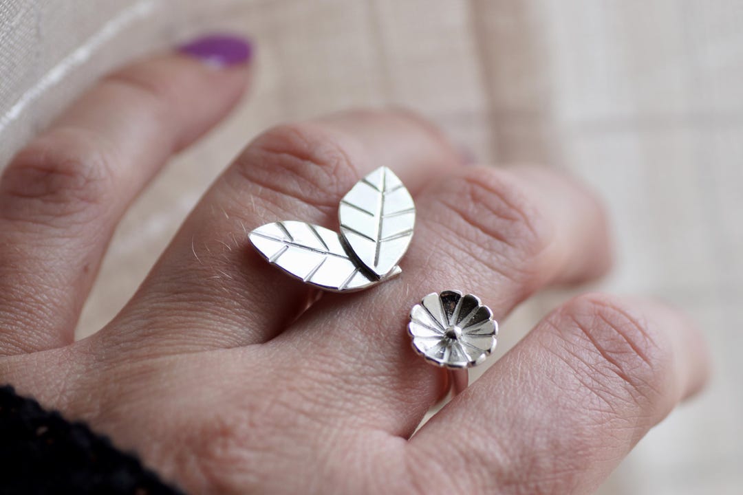 Flower and Leaf Open Ring - Sterling Silver - Size 7-8 - Etsy